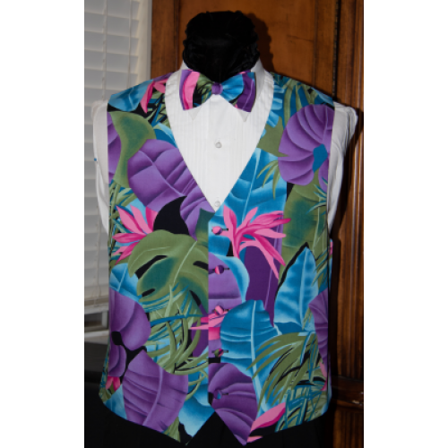 Purple and Teal Tropical Vest and Bow Tie Set